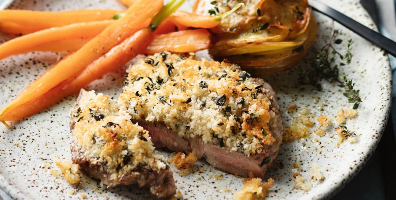 Garlic & Herb Crusted Pork Steaks with Roast Potato Stacks Recipe ...