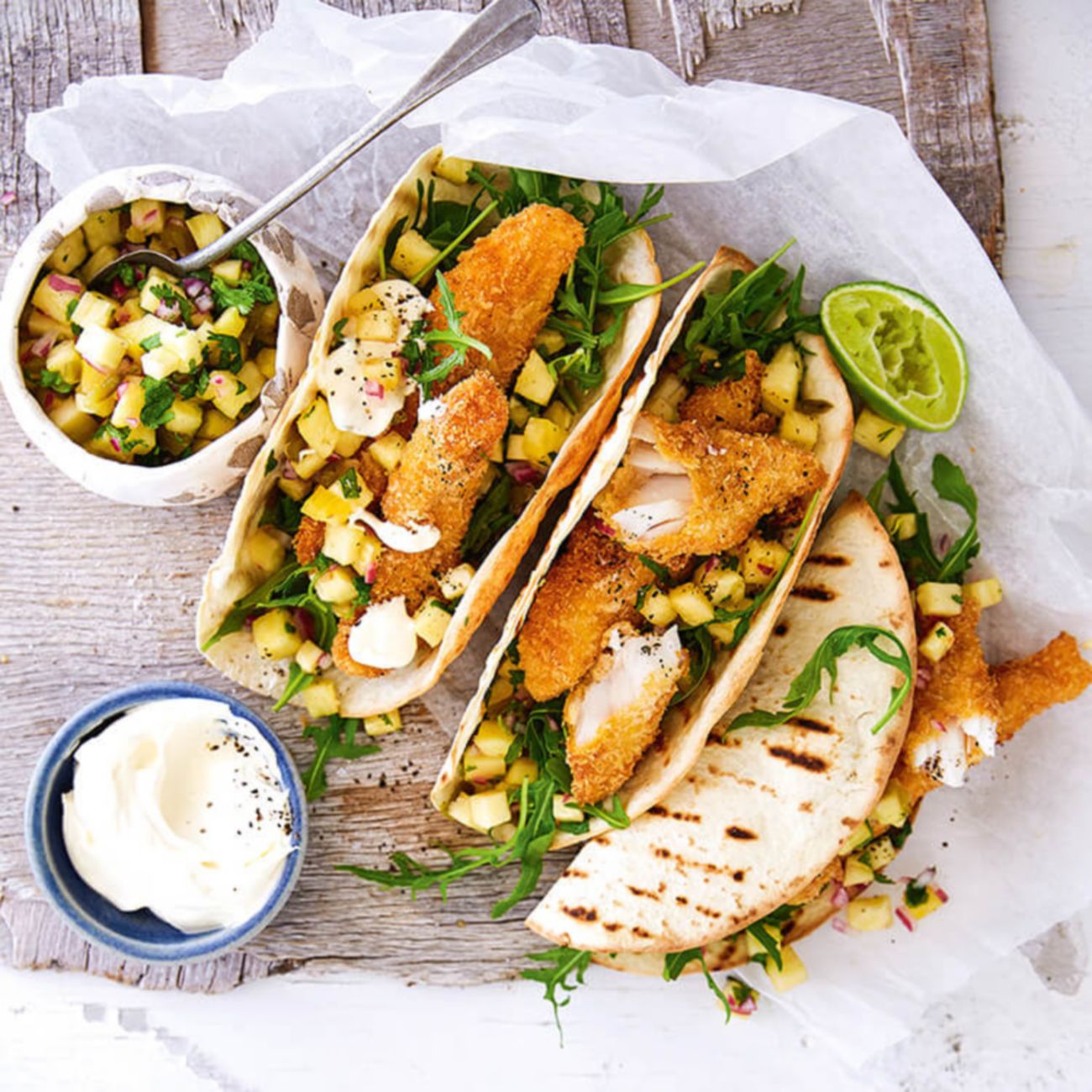 Crumbed Snapper Tacos With Pineapple Pico De Gallo Salsa Recipe ...