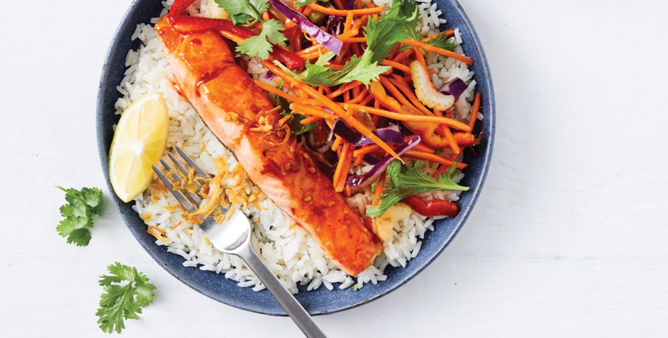 Quick Sticky Salmon With Rice & Salad Recipe | Woolworths