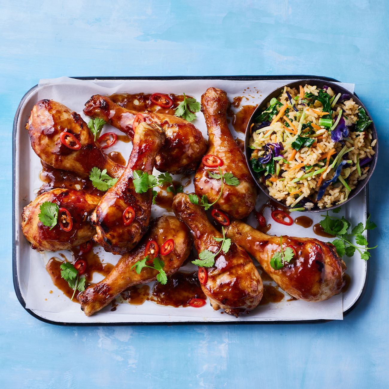 Sticky Honey-soy Chicken Drumsticks with Quick Fried Rice Recipe ...