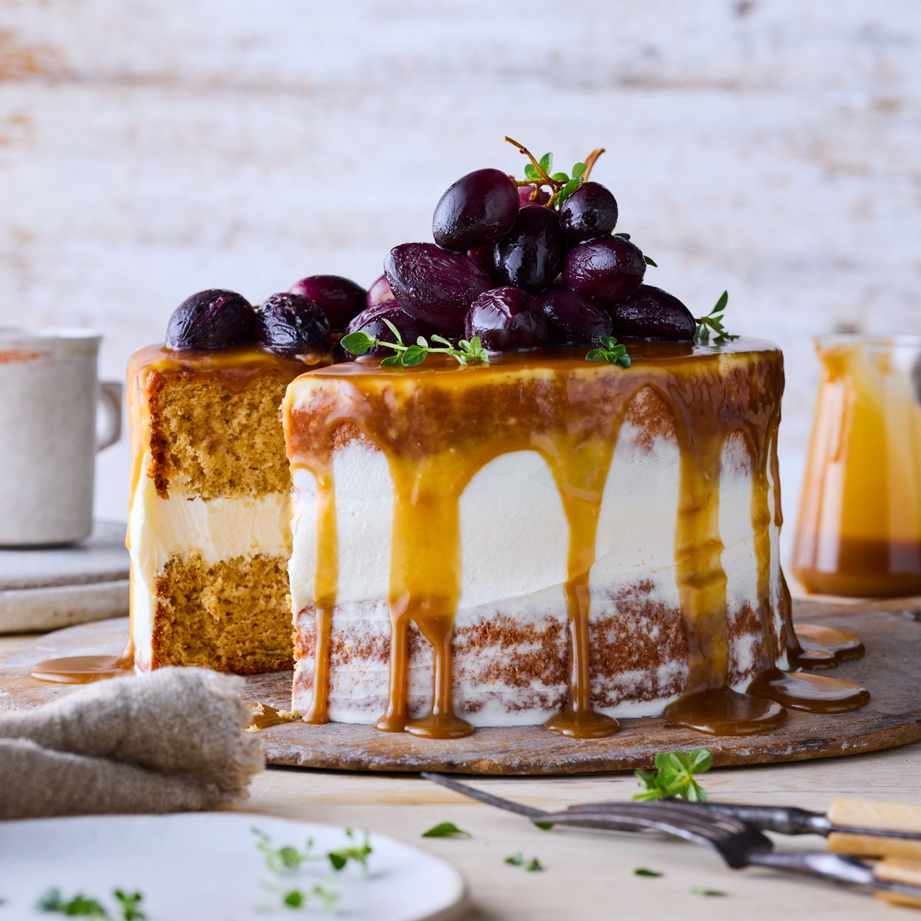 Semi-naked brown-sugar sponge with honey-roasted grapes Recipe | Woolworths